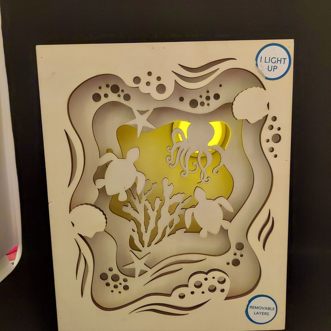 Laser Cut Paintable 3D Box Light up Picture Ocean Waves Turtles Star ...
