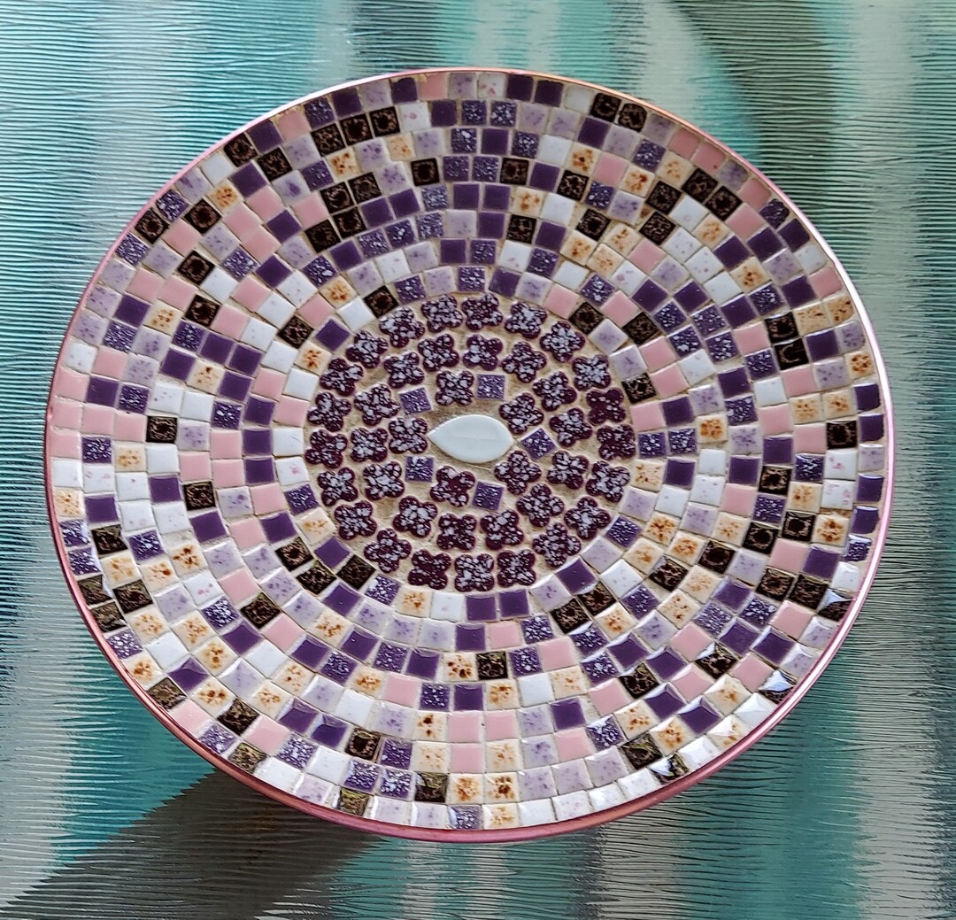 RARE Vintage Mid Century MOSAIC TILE Plate Bowl Round Purple /pink ...