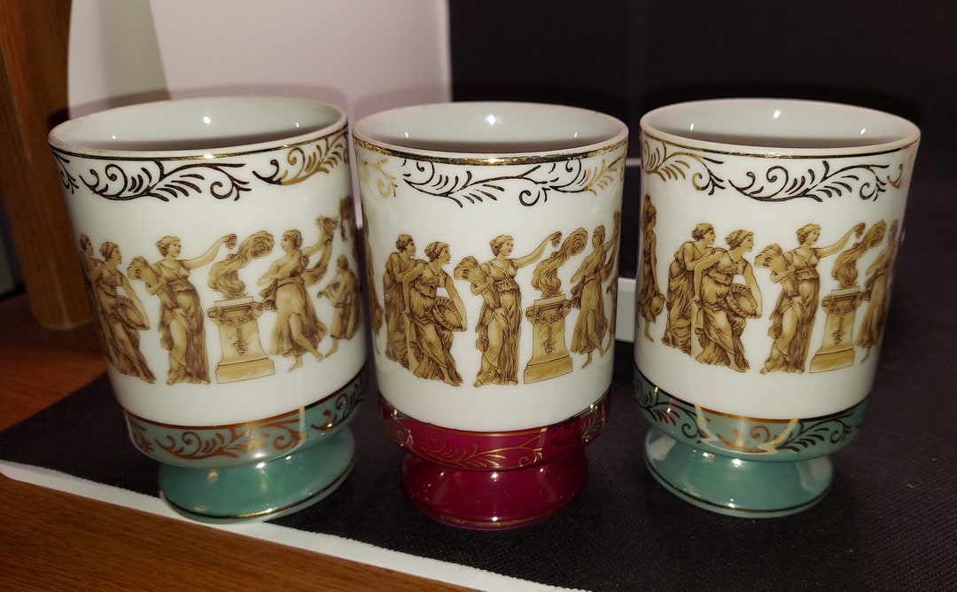 3 Vintage Royal Crown Porcelain Smug Mug Luster Footed Gold Trim Greek ...