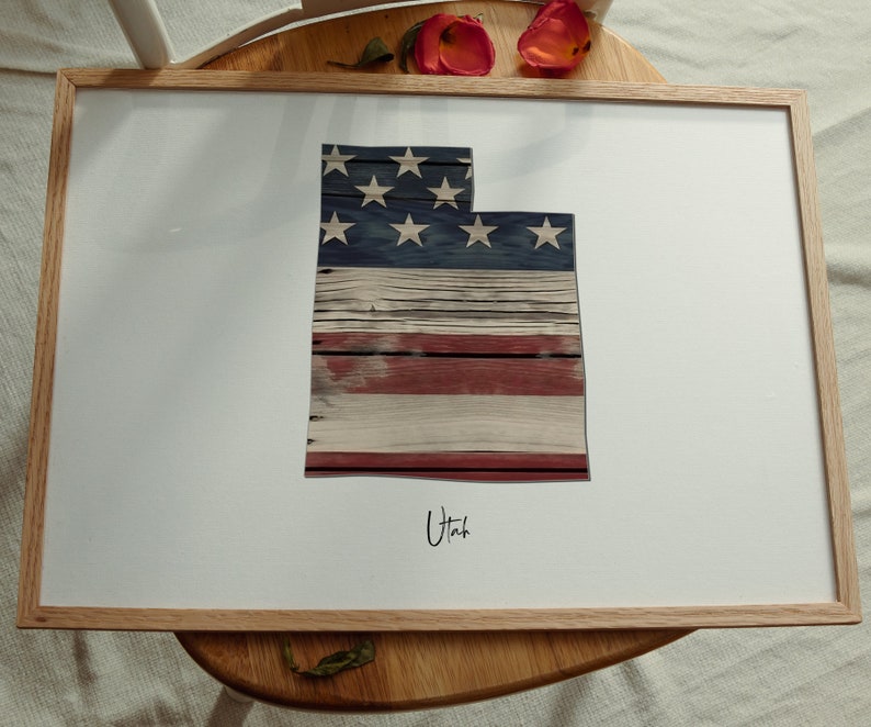 Utah State Map Print Utah Wall Art American Flag Patriotic Print USA ...