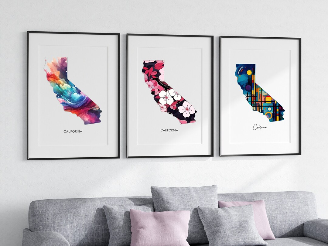 Set of 3 California Map Prints Map Prints USA State Map Wall Art 3 for ...