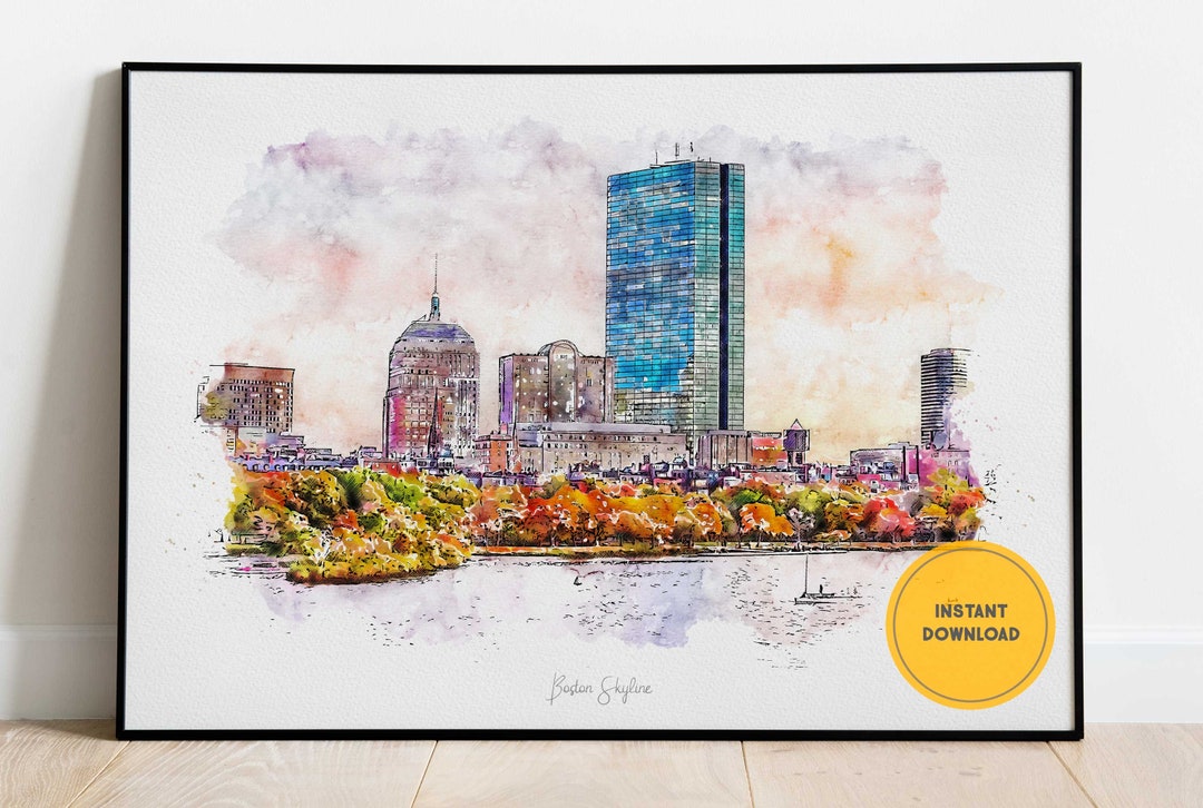 Boston Skyline Watercolour Wall Decor, Boston Massachusetts Cityscape ...