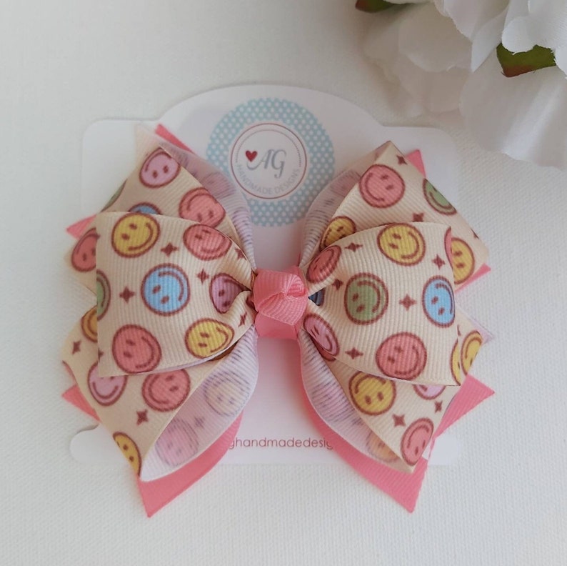 Smiley Hair Bow, Pastel Color Smiley Hair Bow, Happy Face Hair Bow Set ...