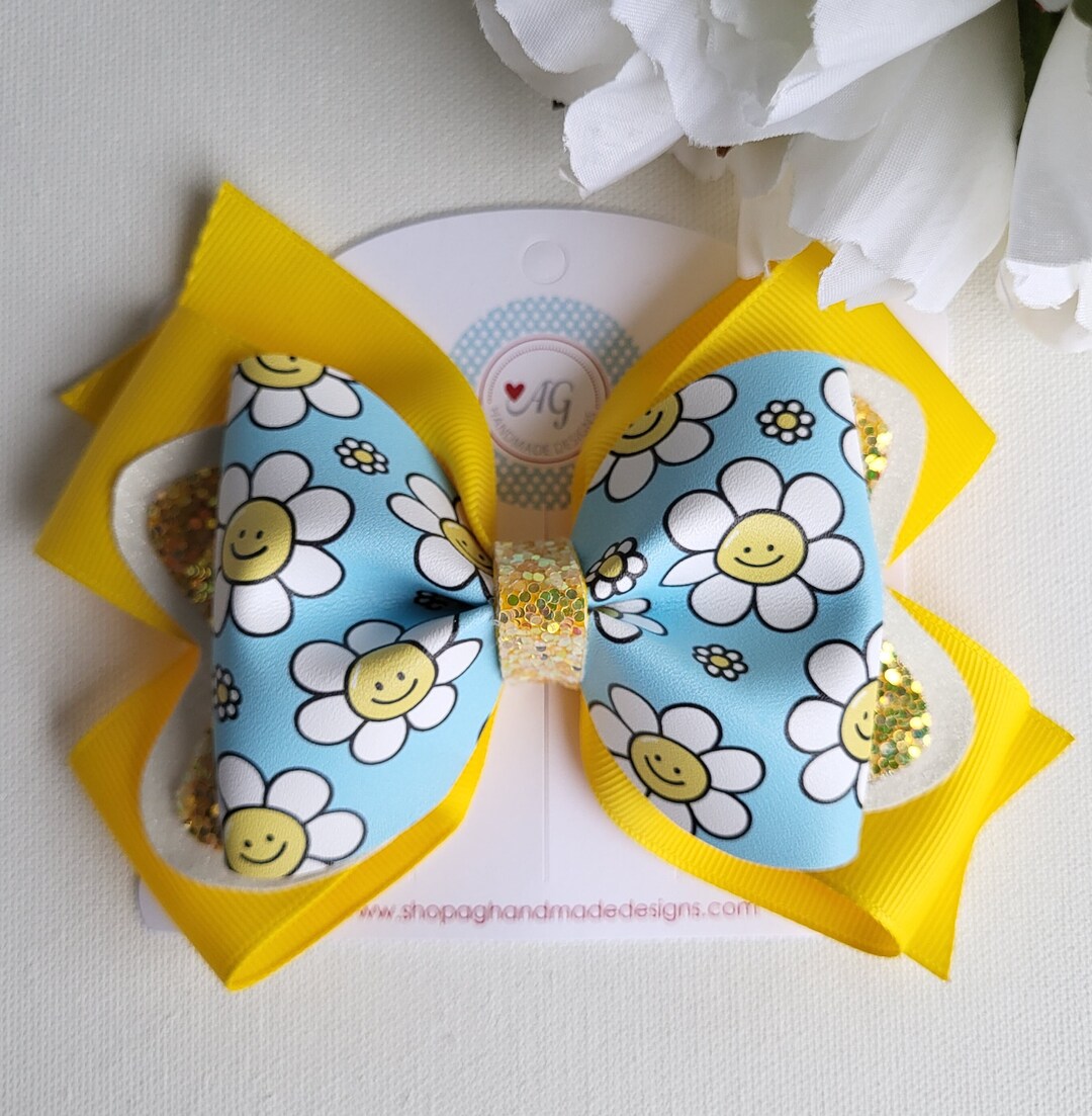 Smiley Face Hair Bow, Retro Flower Hair Bow, Spring or Summer Hair Bow ...