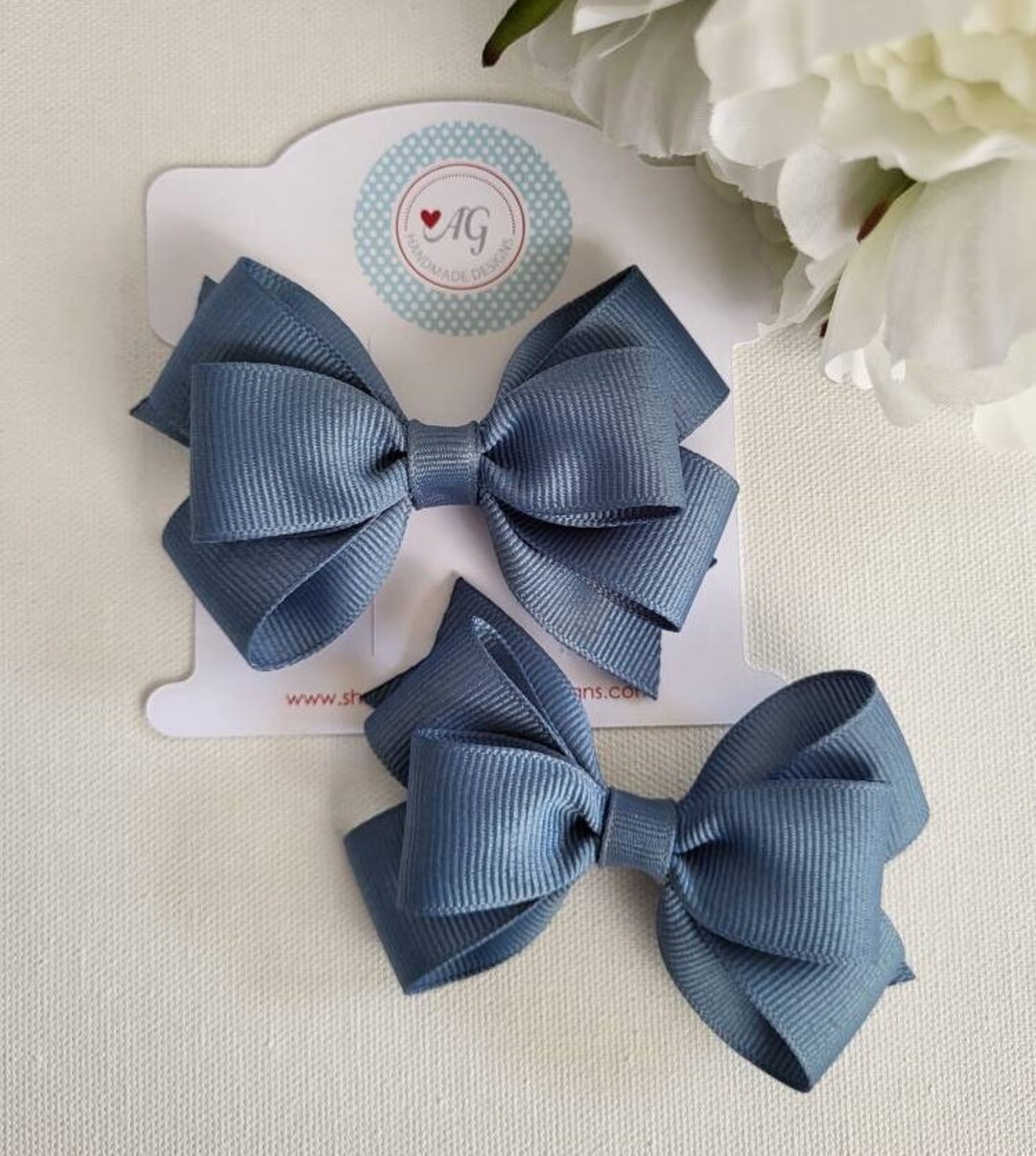 Denim Blue Hair Bow, Solid Color Hair Bow, 3 Inch Hair Bow, Pigtails ...
