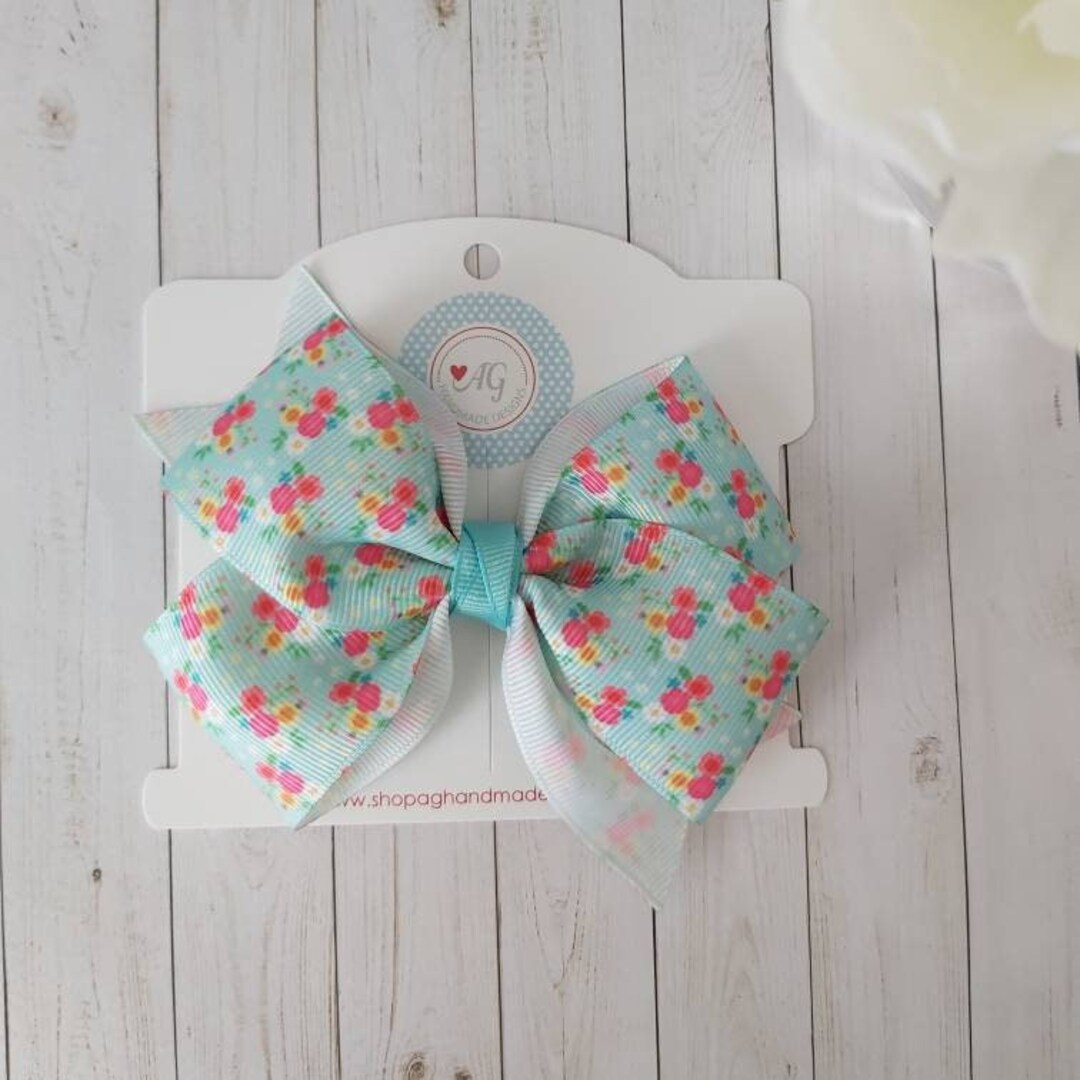 Light Turquoise Floral Hair Bow, Spring Hair Bow, Blue and Pink Flowers ...