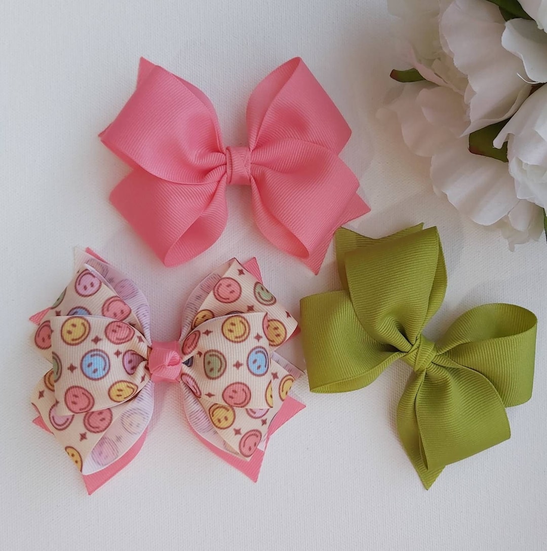 Smiley Hair Bow, Pastel Color Smiley Hair Bow, Happy Face Hair Bow Set ...