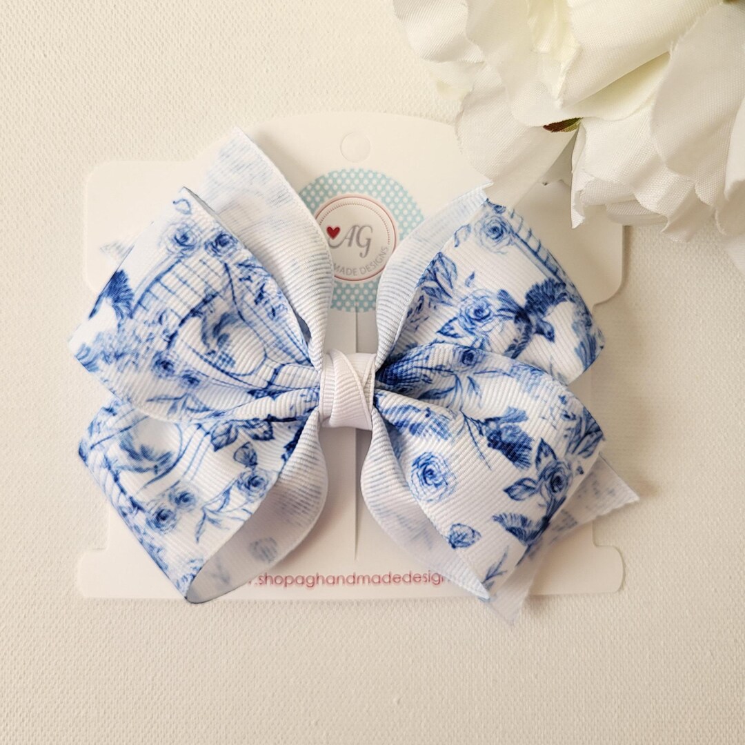 Blue Toile Hair Bow, Blue Toile Ribbon Bow, 4 Inch Hair Bow, Blue Toile ...