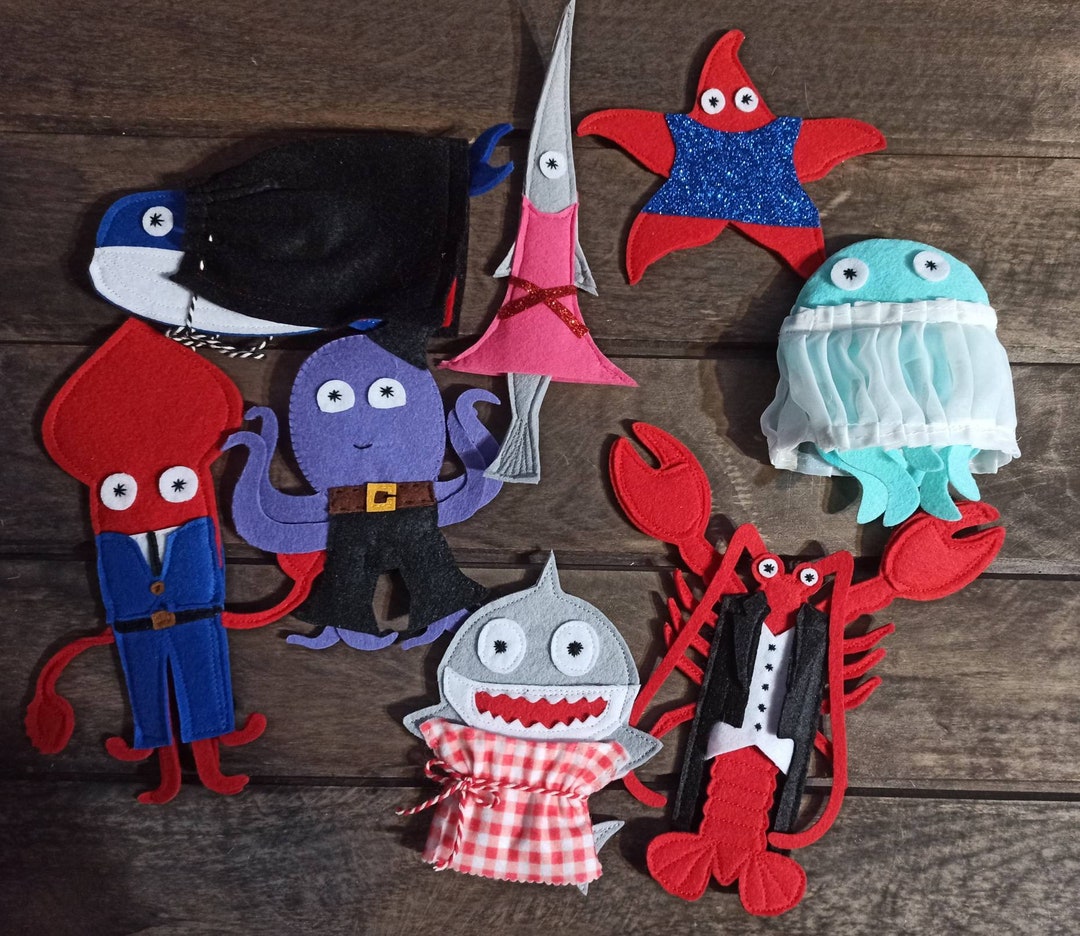 Felt Sea Animals Finger Puppets, Shark Starfish Jellyfish Crab Squid ...