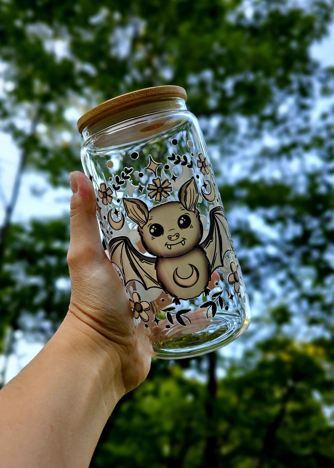 Cute Bat Glass Can Bats Spider Webs 16 Oz Glass Cup Glass Straw Bamboo ...