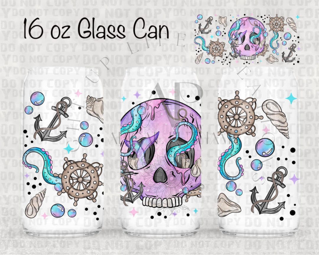 Sea Life Skull Glass Can | 16 Oz | Glass Cup | Glass Straw | Bamboo Lid ...
