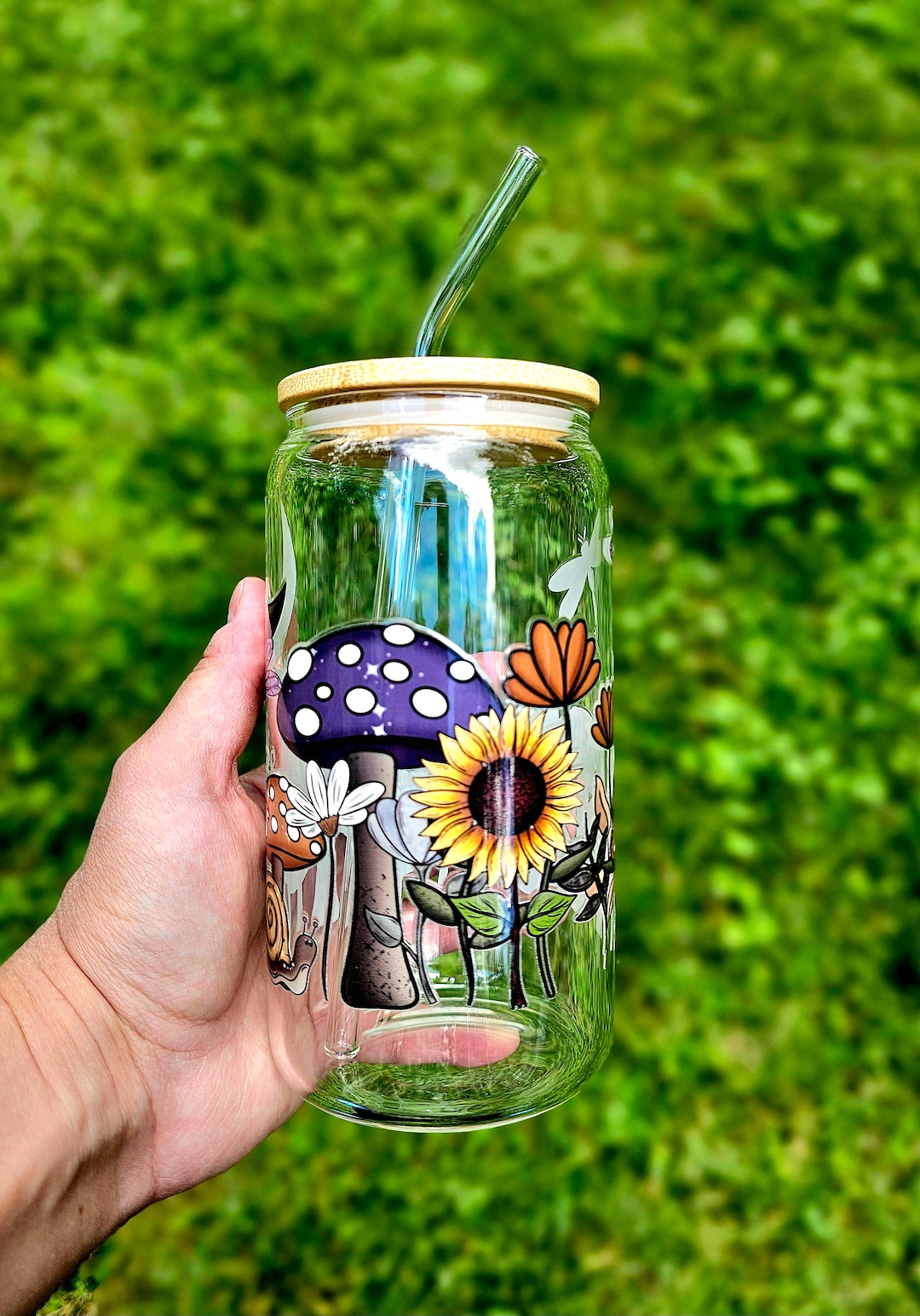 Sunflower Shrooms Glass Can 16 Oz Glass Cup Glass Straw Bamboo Lid Beer ...