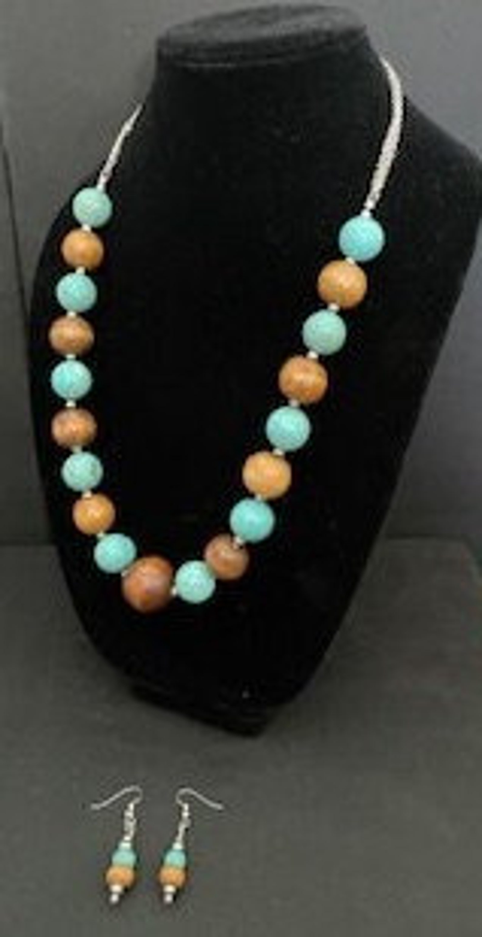 Jewelry Set 1000-9 Boho Style Turquoise and Wood Necklace and Earrings ...