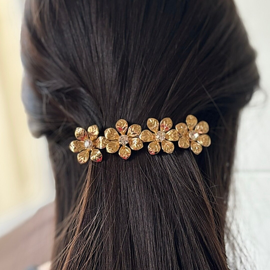 Flower Hair Barrette 9.5cm, in Gold Metal, Hair Accessory - Etsy