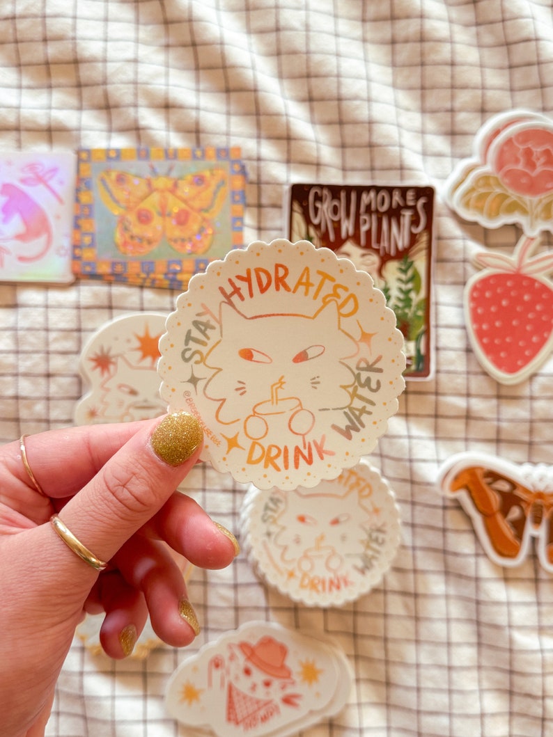 Stay Hydrated Reminder Cat 3x3in Vinyl Sticker Dishwasher Safe Sticker ...