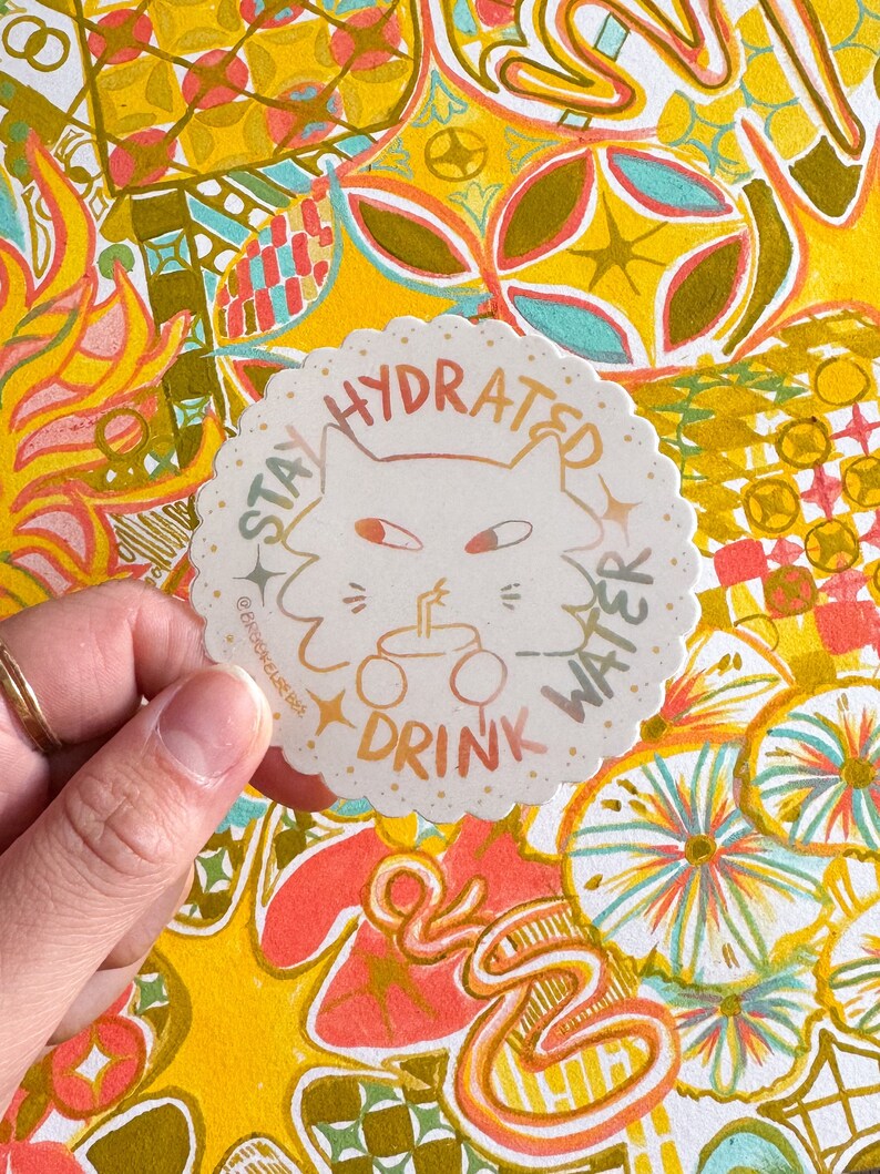 Stay Hydrated Reminder Cat 3x3in Vinyl Sticker Dishwasher Safe Sticker ...