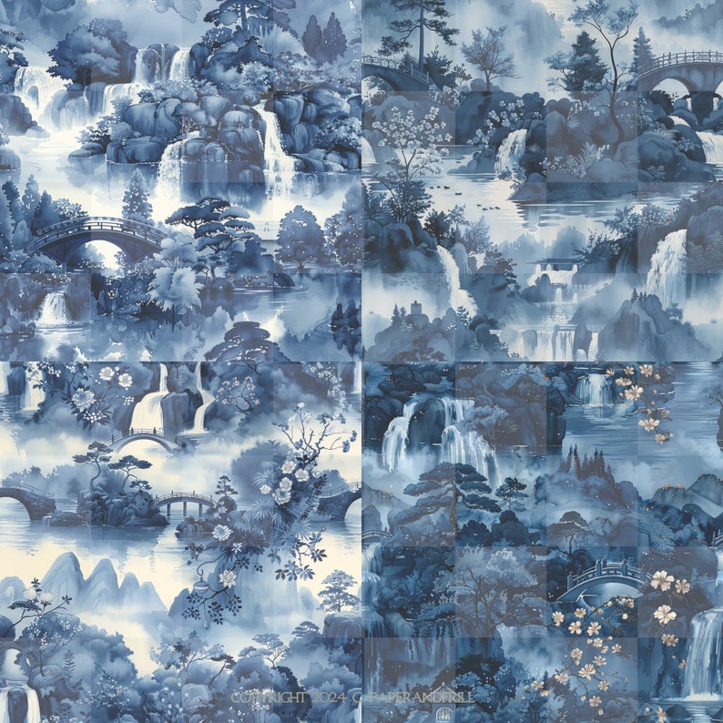 Blue and White Porcelain Japanese Water Garden Waterfall Collection ...