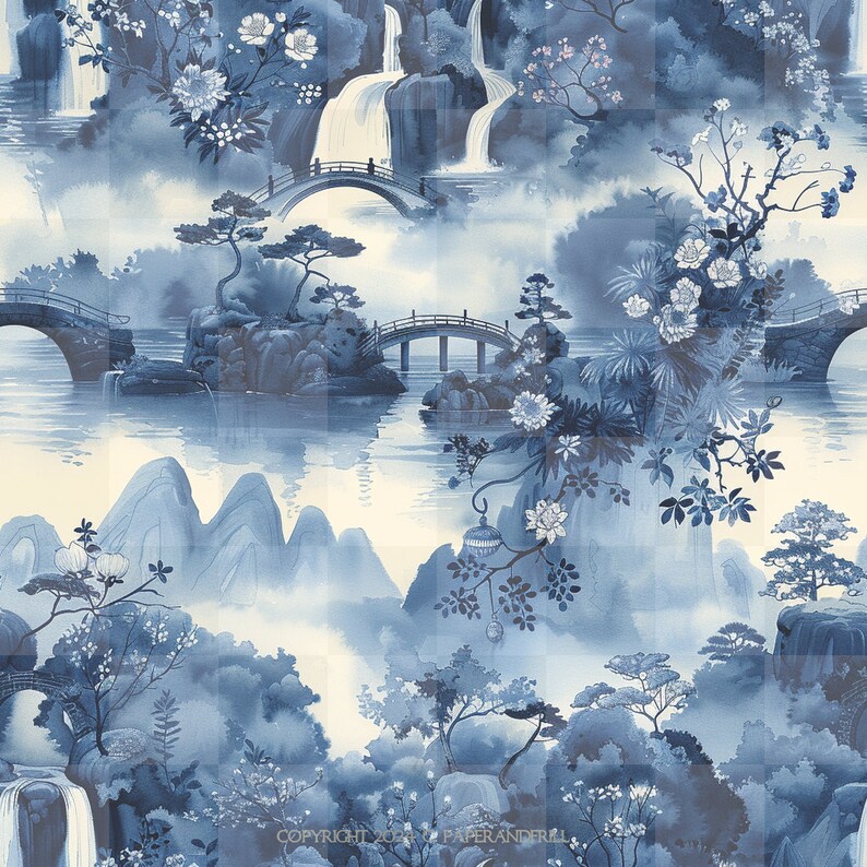 Blue and White Porcelain Japanese Water Garden Waterfall Collection 12 ...