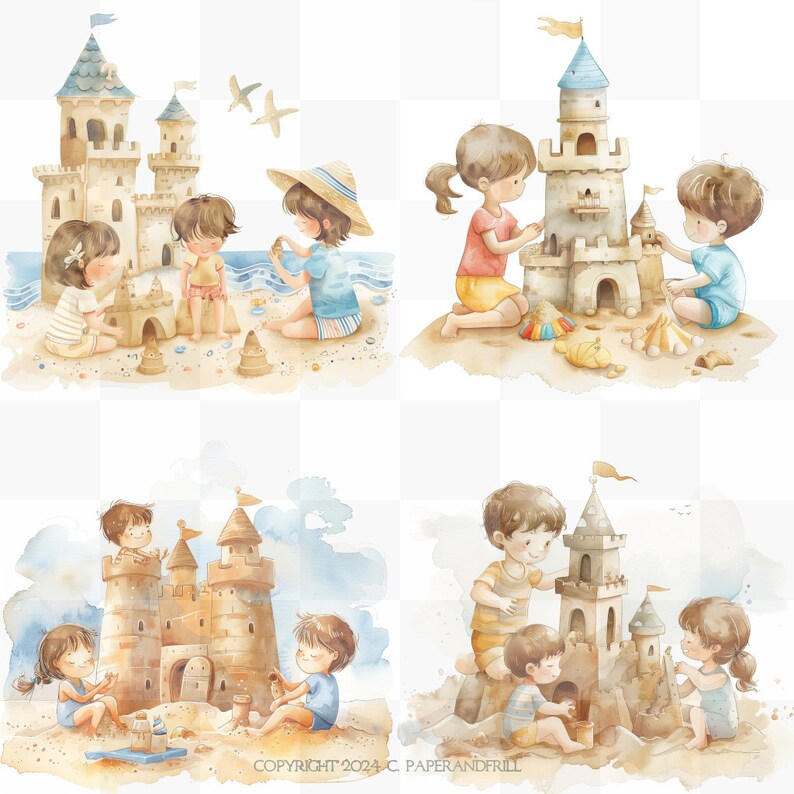 Playful Beach Fun Clipart - Set of 12 Watercolor Sandcastle ...