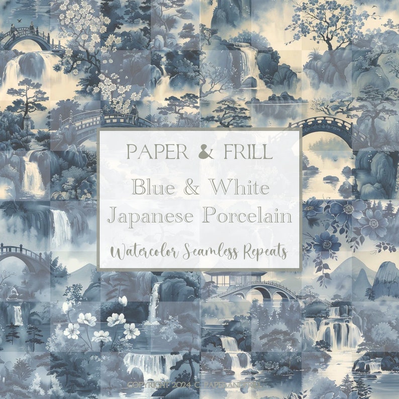 Blue and White Porcelain Japanese Water Garden Waterfall Collection ...