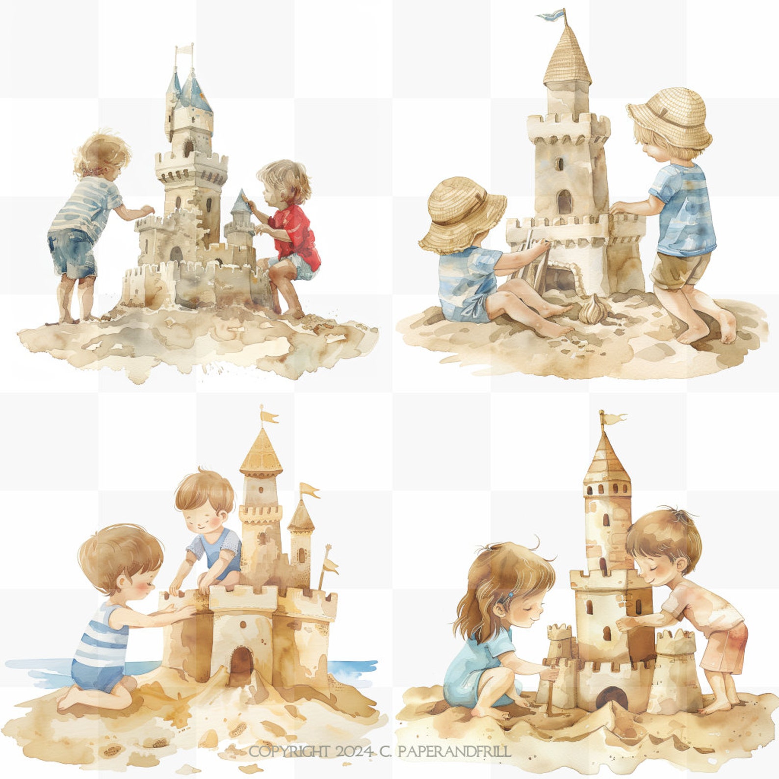 Playful Beach Fun Clipart - Set of 12 Watercolor Sandcastle ...