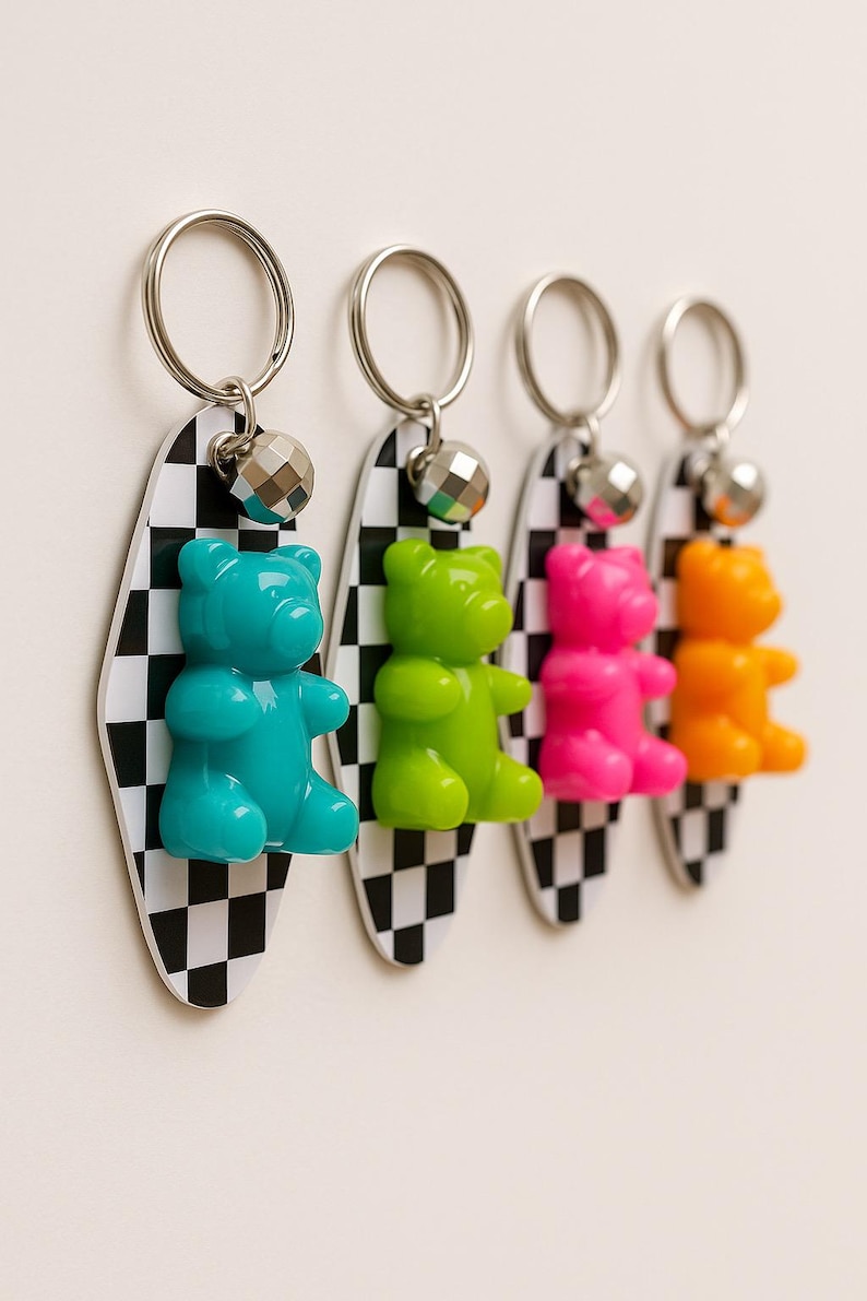 Gummy Bear Keychain 3D Resin | Retro Checkerboard Keychain | Dopamine ...