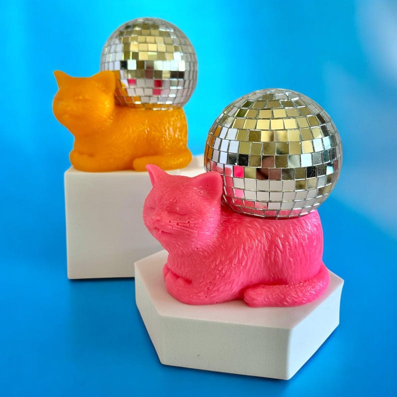 DISCO CAT Disco Ball Cuddled up Figurine/ Handmade Resin Sculpture ...