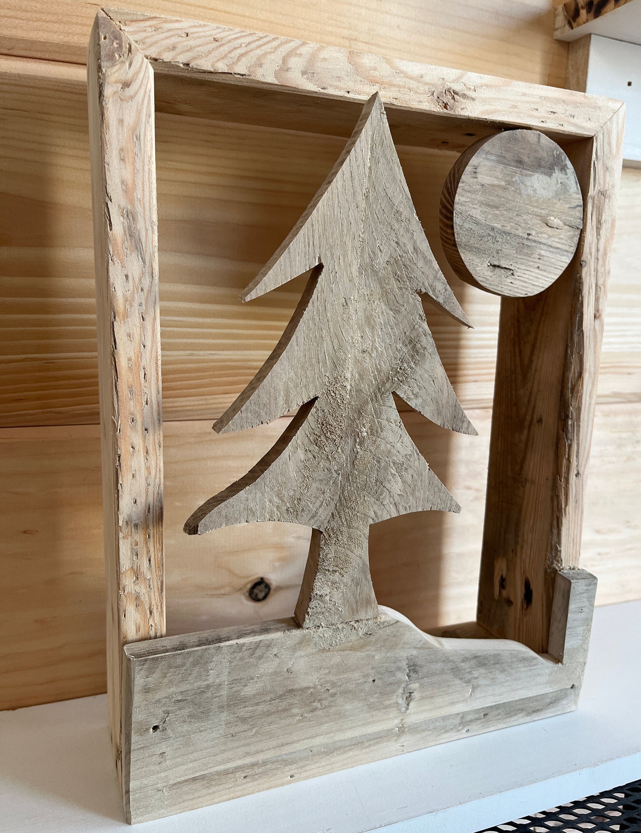Reclaimed Wood Pine Tree and Moon Decor, 13" X 10" - Etsy Canada