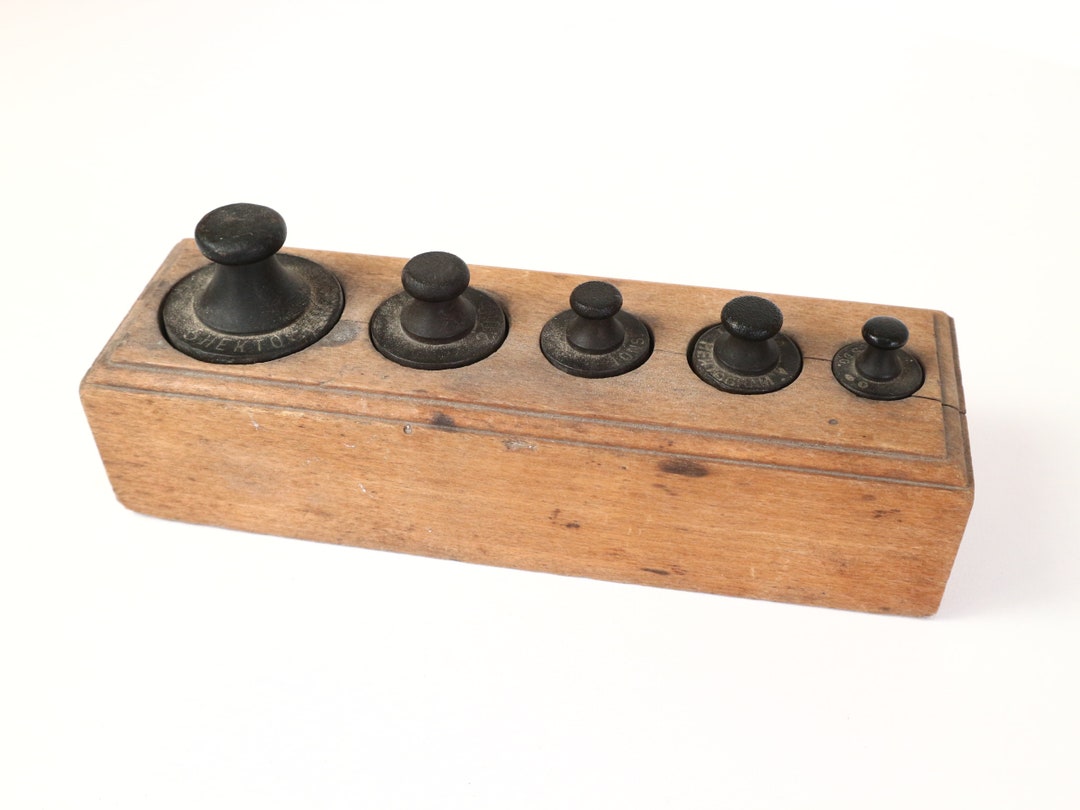 Set of 5 Antique Copper Weights in Oak Holder, Antique Metric Scale ...