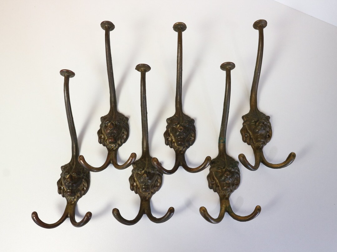 Set of 6 Brass Antique Lion Head Coat Hooks, Wall Hook, Wall Hangers ...