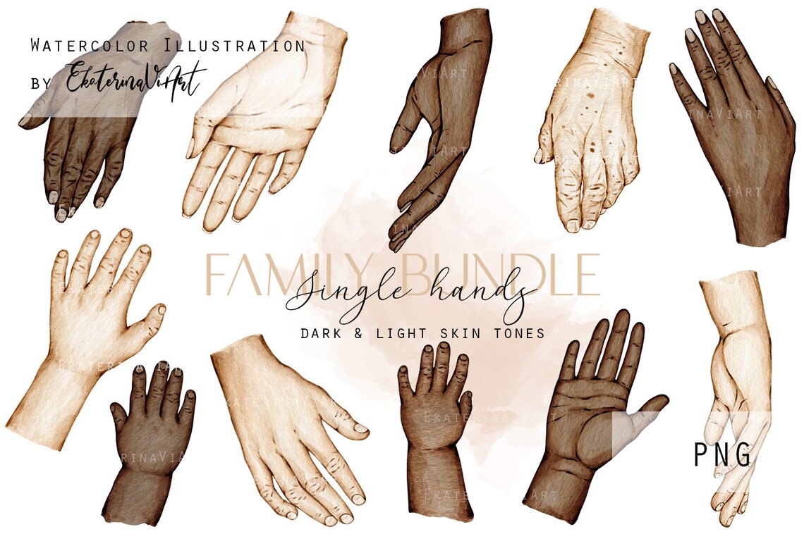 Commercial Use Watercolor Family Hands 3 Skin Tone Clipart | Etsy