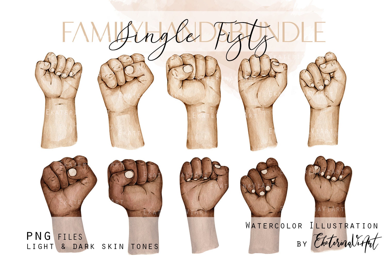 Commercial License Single Fists Light & Dark Skin Tone Family Hands ...