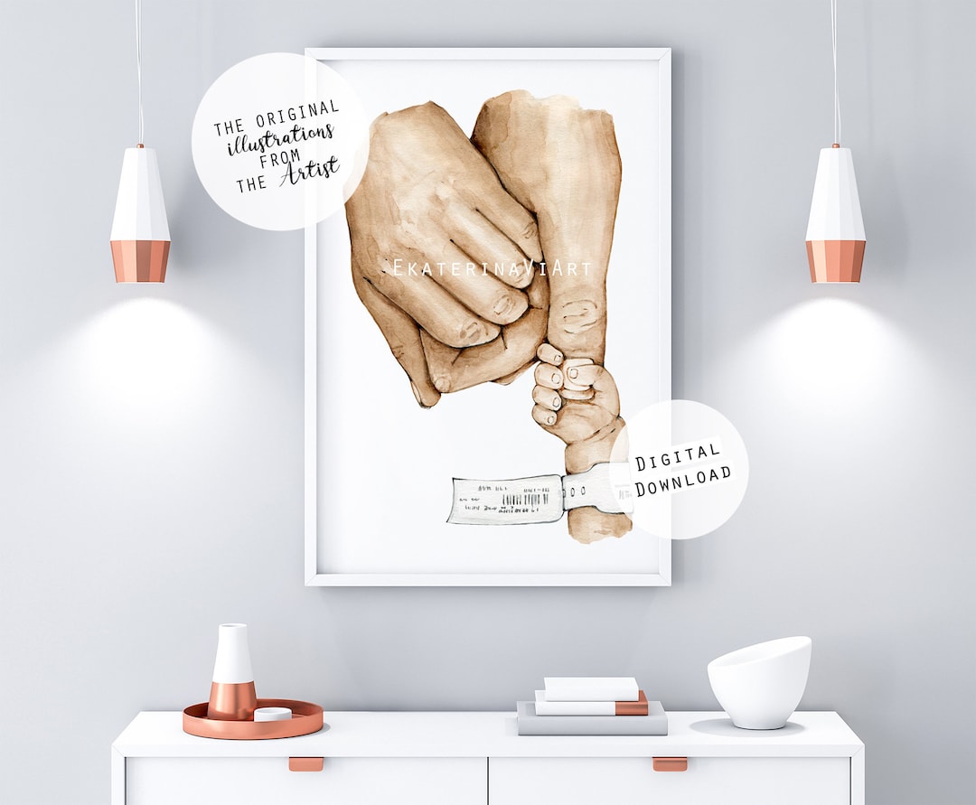Preemie Holding Hands New Family Watercolor Print Nicu Art Father Hands ...