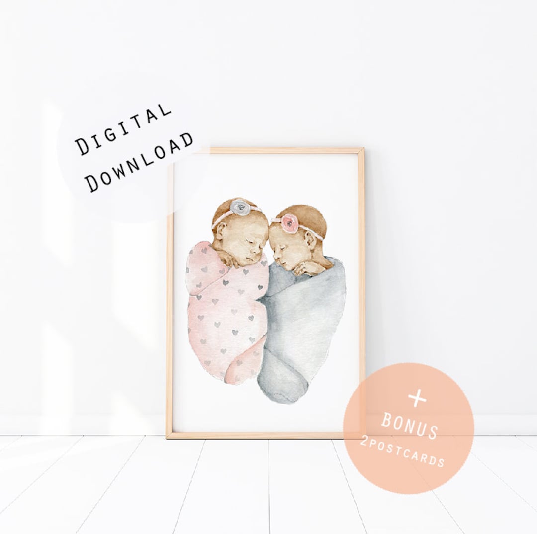 Twins Art Print Newborn Gift Child Watercolor Poster Art New Mum Twin ...