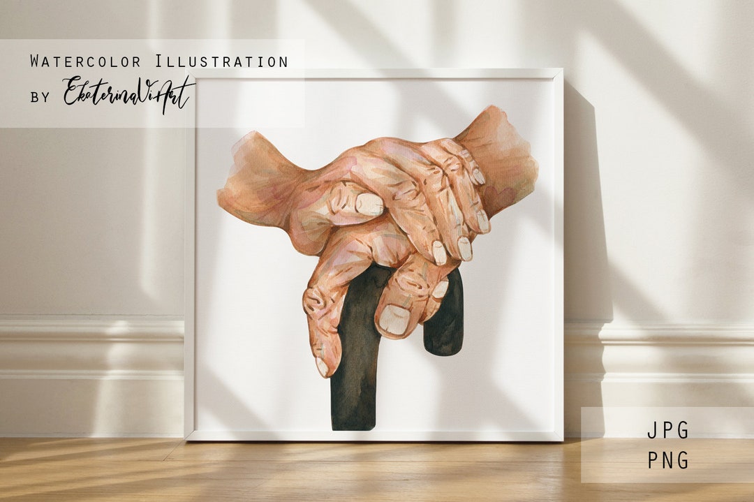 Digital Print Grandfather and Grandmother With Cane Watercolor ...