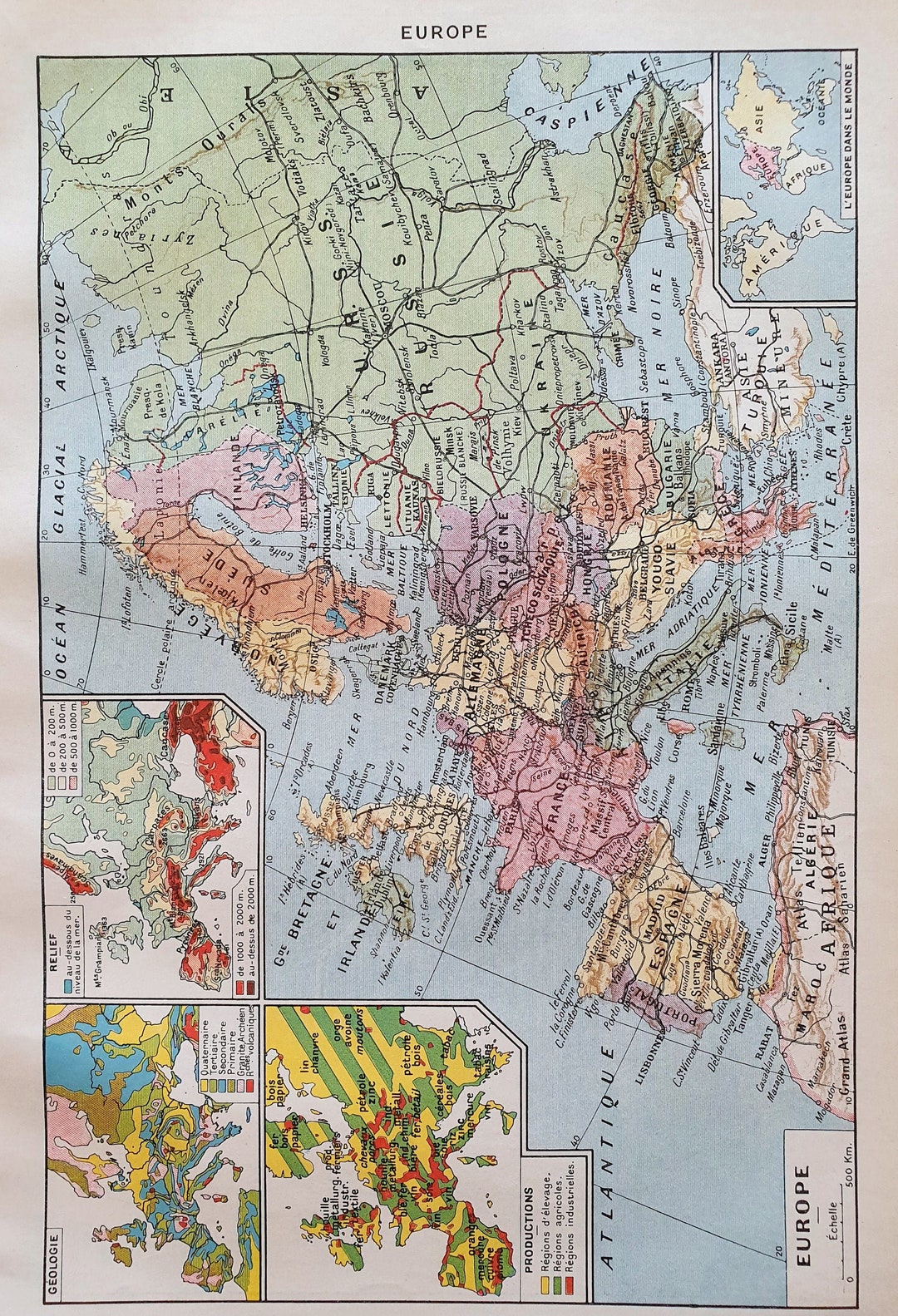 MAP EUROPE Vintage Poster Original Antique Authentic Print Illustrated ...