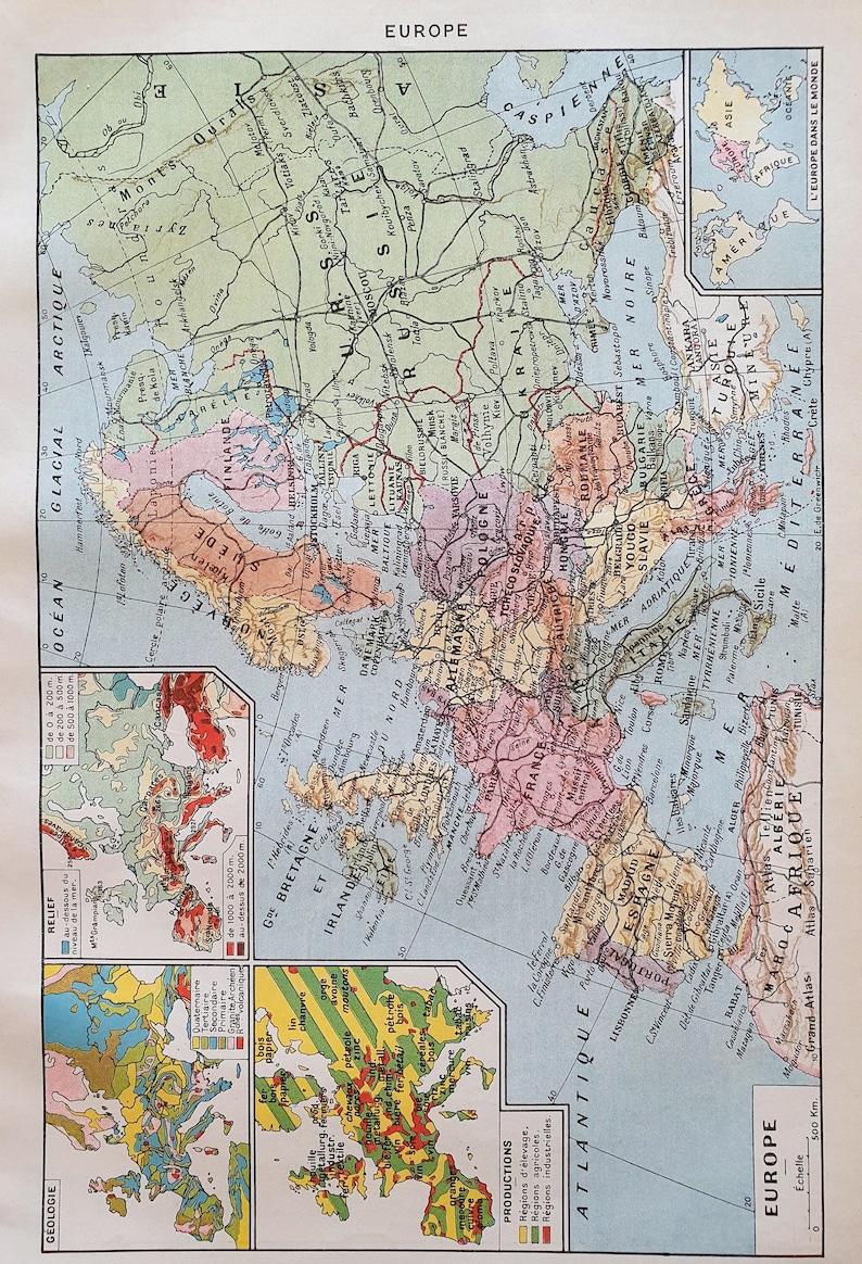 MAP EUROPE Vintage Poster Original Antique Authentic Print Illustrated ...