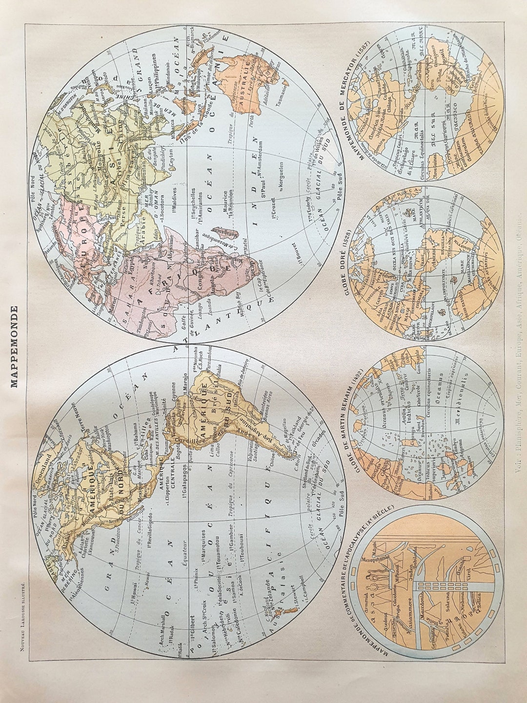 1898 MAPPEMONDE Original Vintage Poster Ancient Authentic Print Board ...