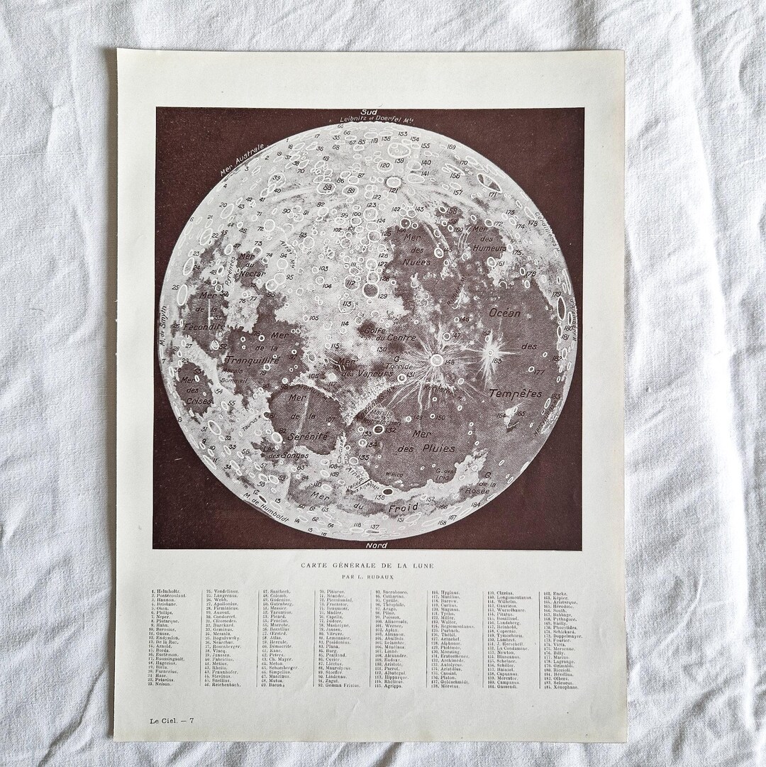 1920 Astronomy Poster map of the Moon, Old Map of the Moon, Vintage ...