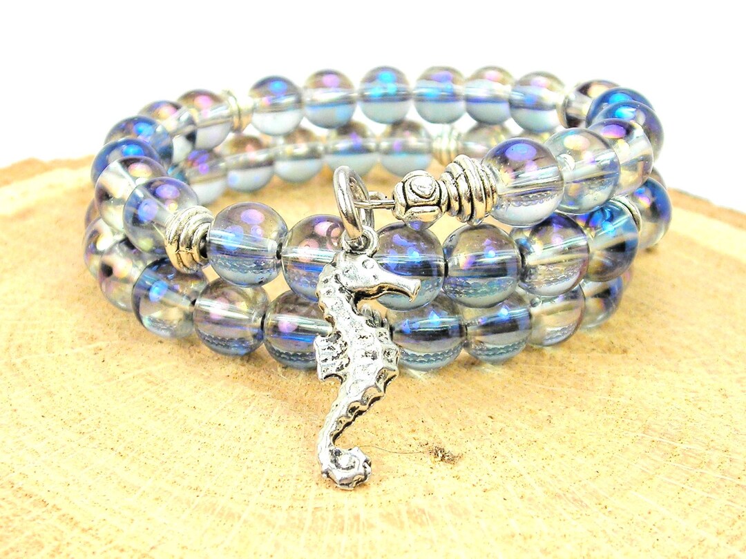 Seahorse on a Mermaid Aurora Borealis Beaded Wrap Bracelet - Etsy