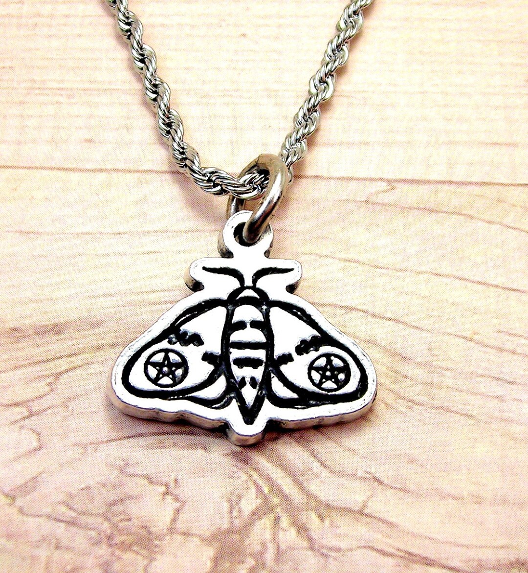 Wiccan Moth With Pentagram on Wings Rope Stainless Steel Rope Necklace ...