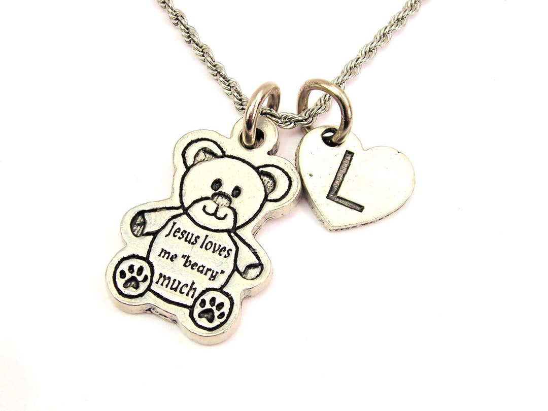 Jesus Loves Me Beary Much With Heart Initial Stainless Steel Rope ...