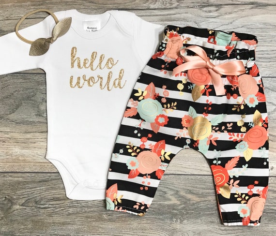 Newborn Hello World Coming Home Outfit Baby Girl Gold | Etsy