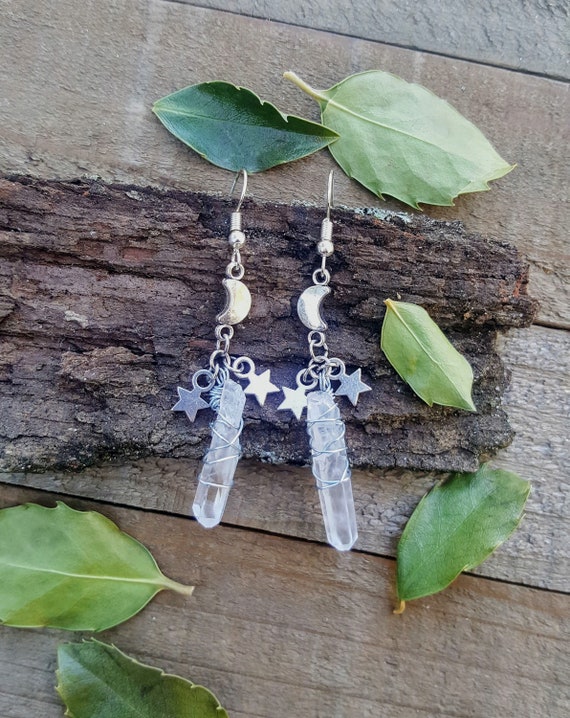 Starry Night Clear Quartz Gemstone Earrings Wire Wrapped - Etsy