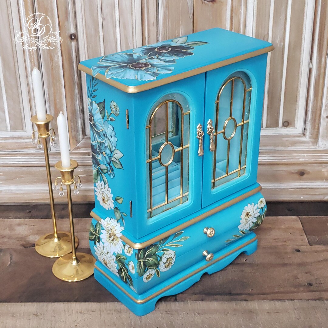 Blue Jewelry Box, Vintage Two Door Jewelry Armoire Hand Painted Peacock ...