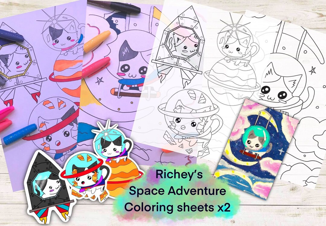 Printable Space Cat Adventure Coloring Page, Kids, Adults, Digital ...