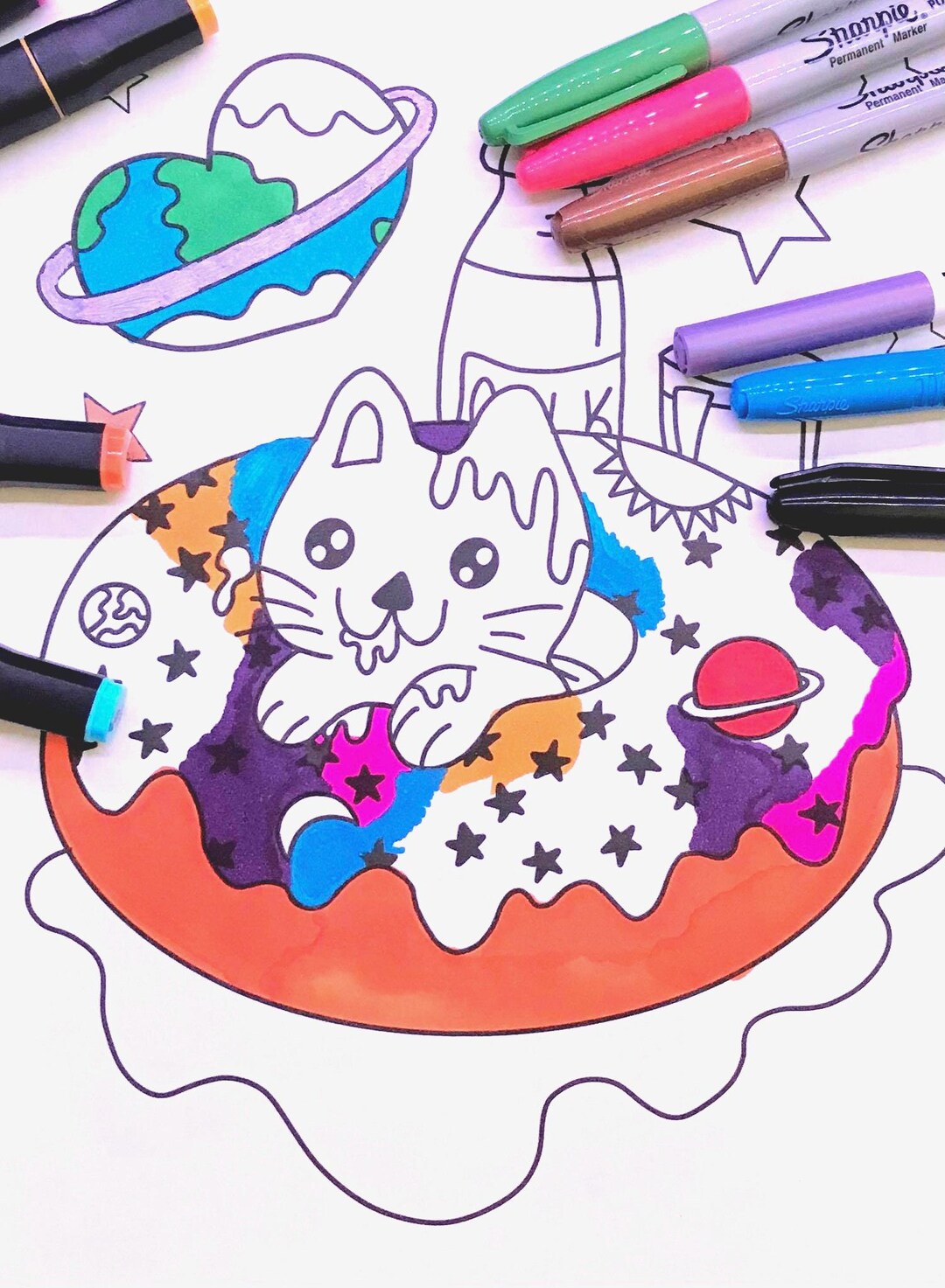 Donut Cat Coloring Page: Space Theme (digital Download) - Etsy
