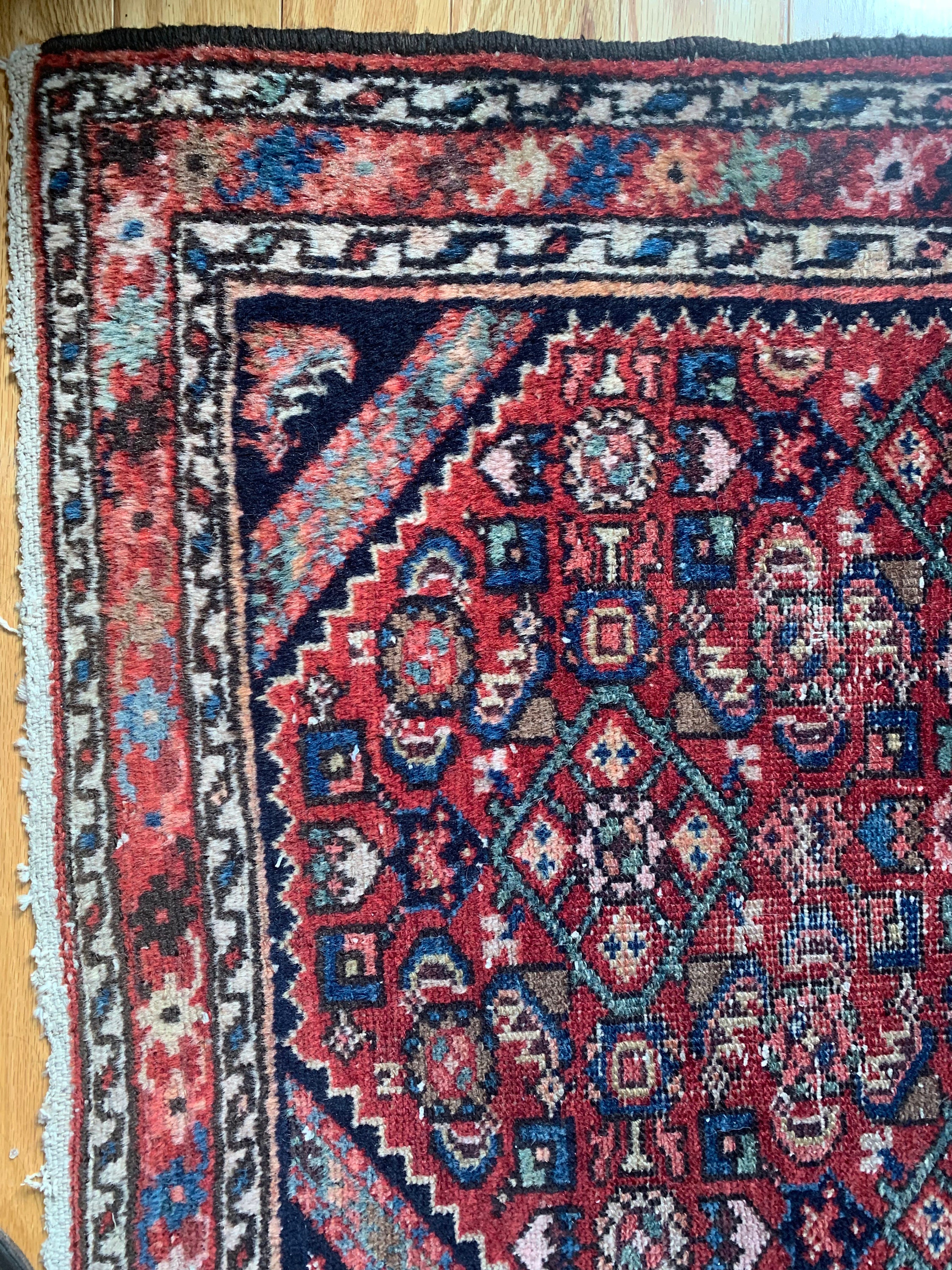 Vintage Persian Hamadan 30 Inches X 50 Inches Red Navy Ivory Teal Hand ...