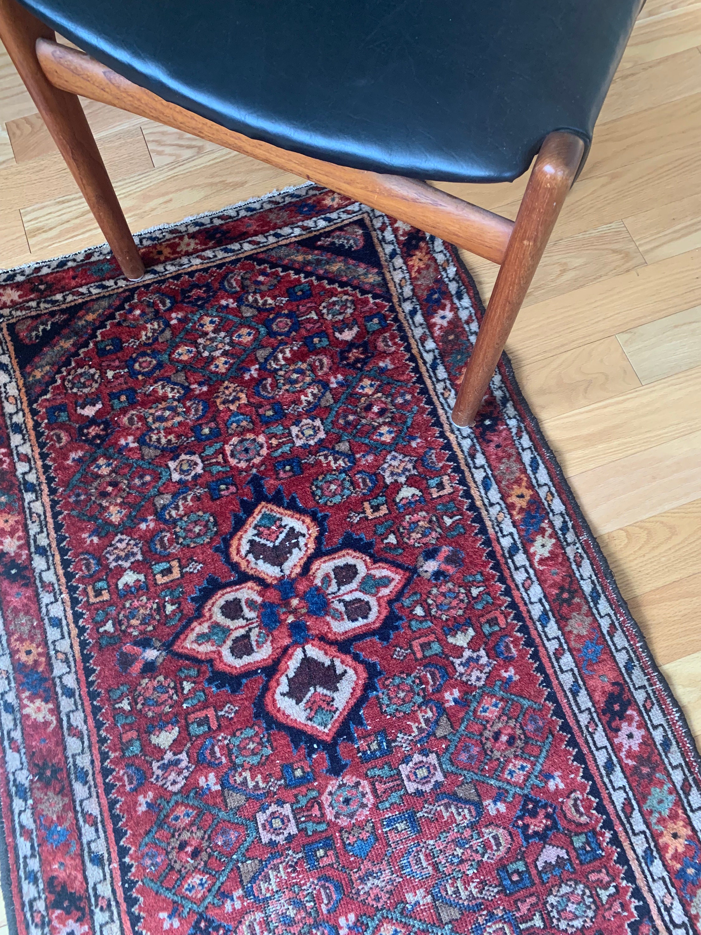 Vintage Persian Hamadan 30 Inches X 50 Inches Red Navy Ivory Teal Hand ...