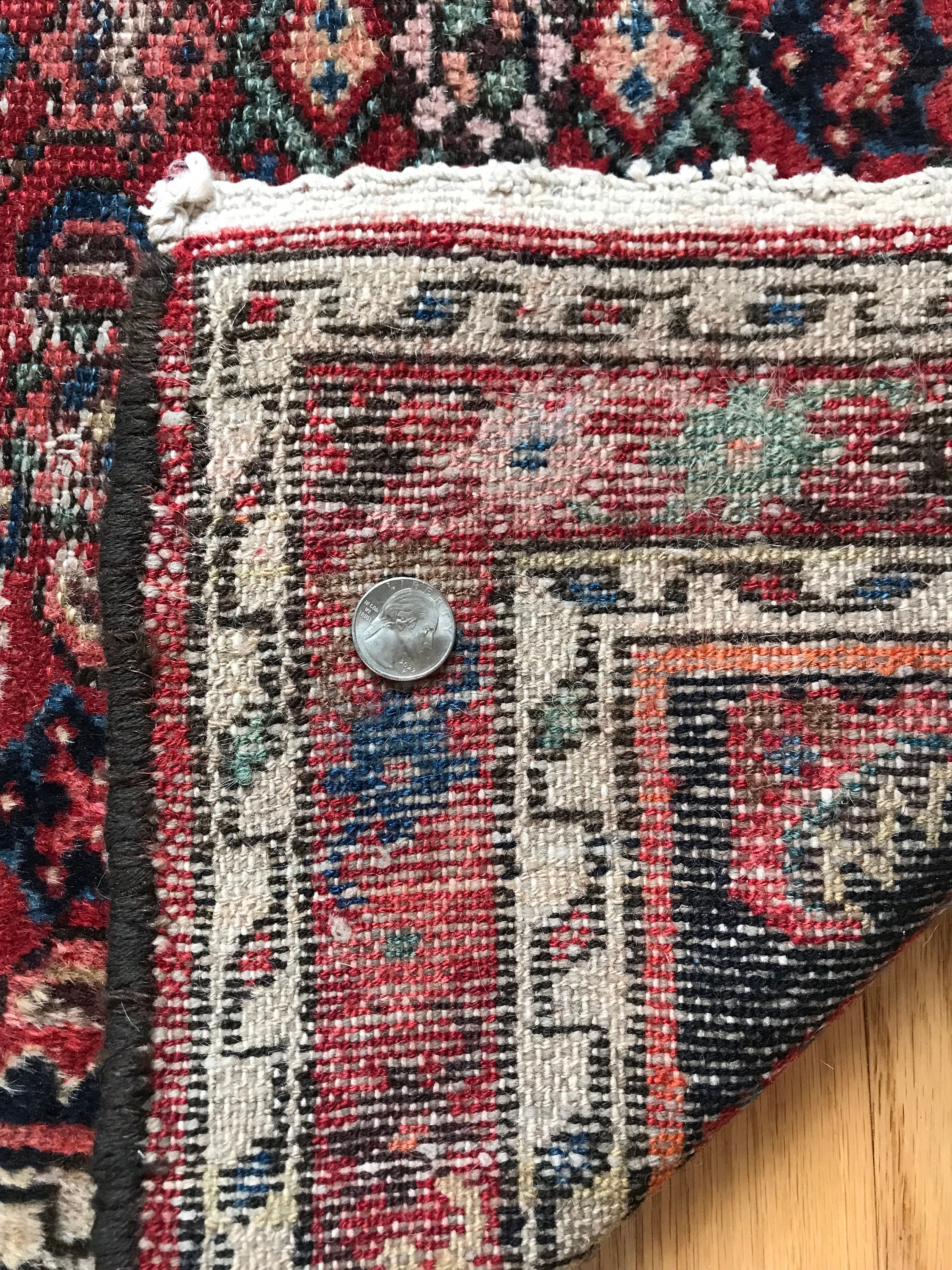 Vintage Persian Hamadan 30 Inches X 50 Inches Red Navy Ivory Teal Hand ...